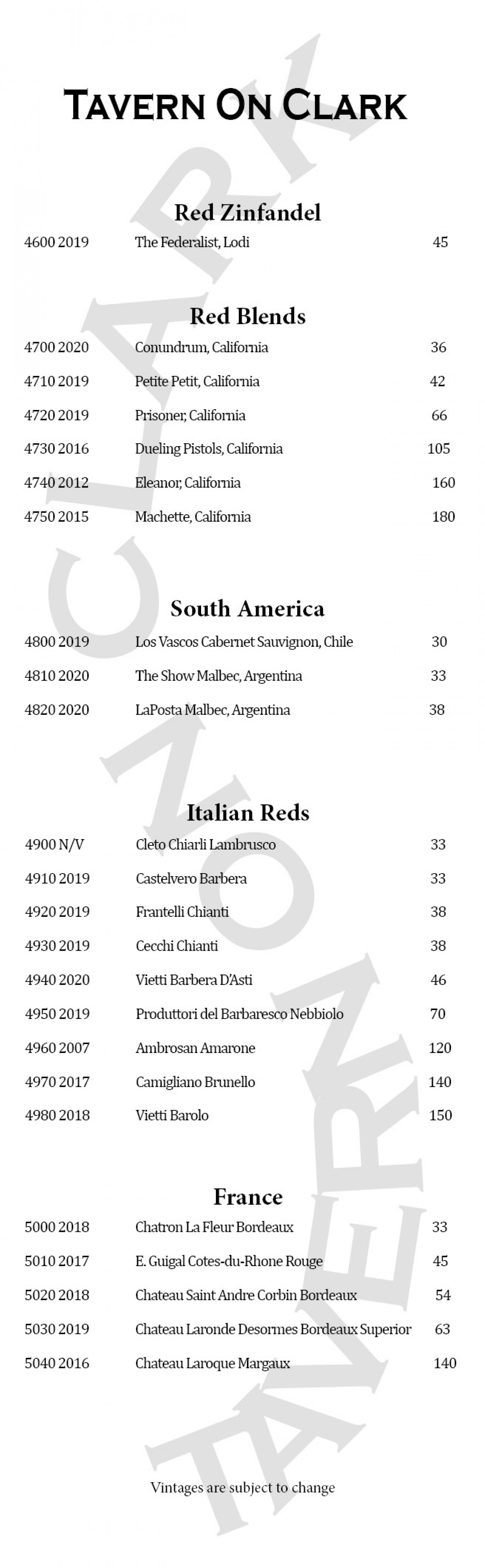 Bar Menu | Tavern on Clark